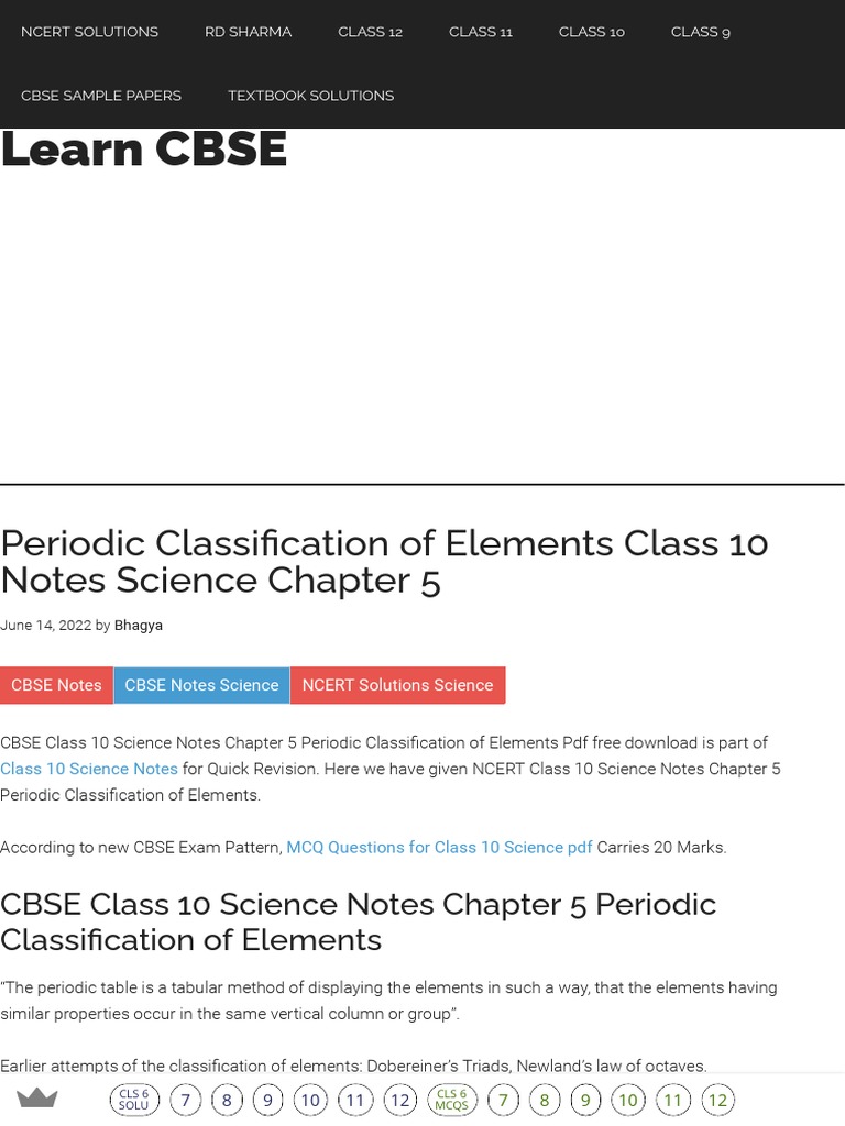 Periodic Classification of Elements Class 10 Notes Science Chapter 5 ...