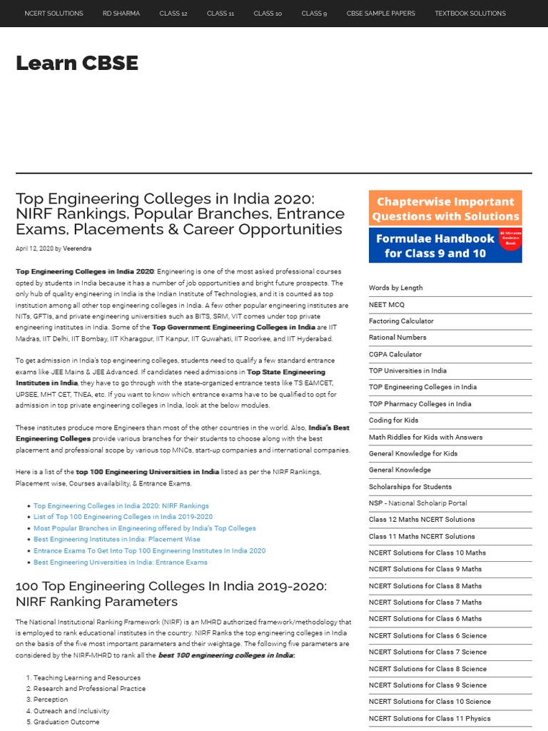Top Engineering Colleges in India 2020 NIRF Ranking | PDF | Higher ...