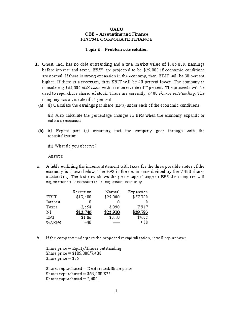 Corporate Finance Problem Set Solutions: Analyzing the Impact of Economic Conditions and Capital ...