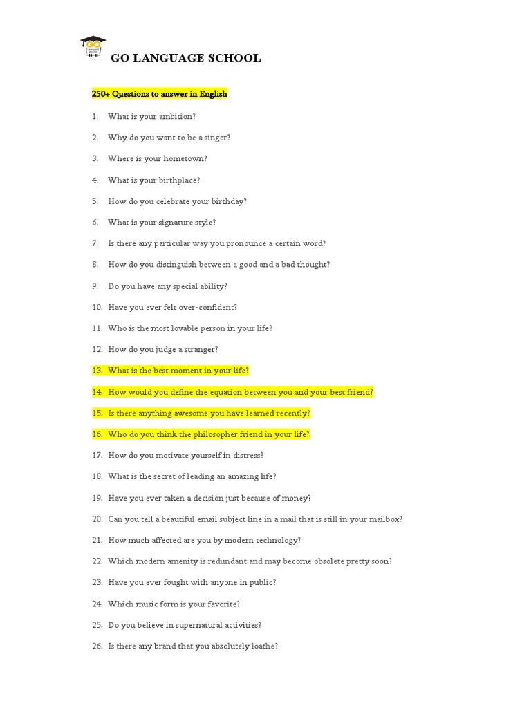 250+ Questions To Answer in English | PDF | Self-Improvement