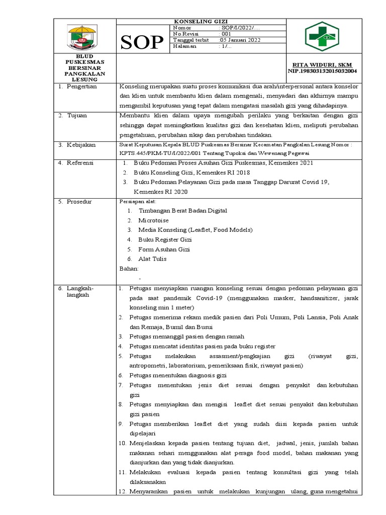 Sop Konseling Gizi | PDF