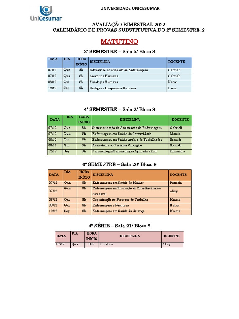 Calendario Provas Sub 2 Bim 2022.2 | PDF | Enfermagem | Especialidades médicas