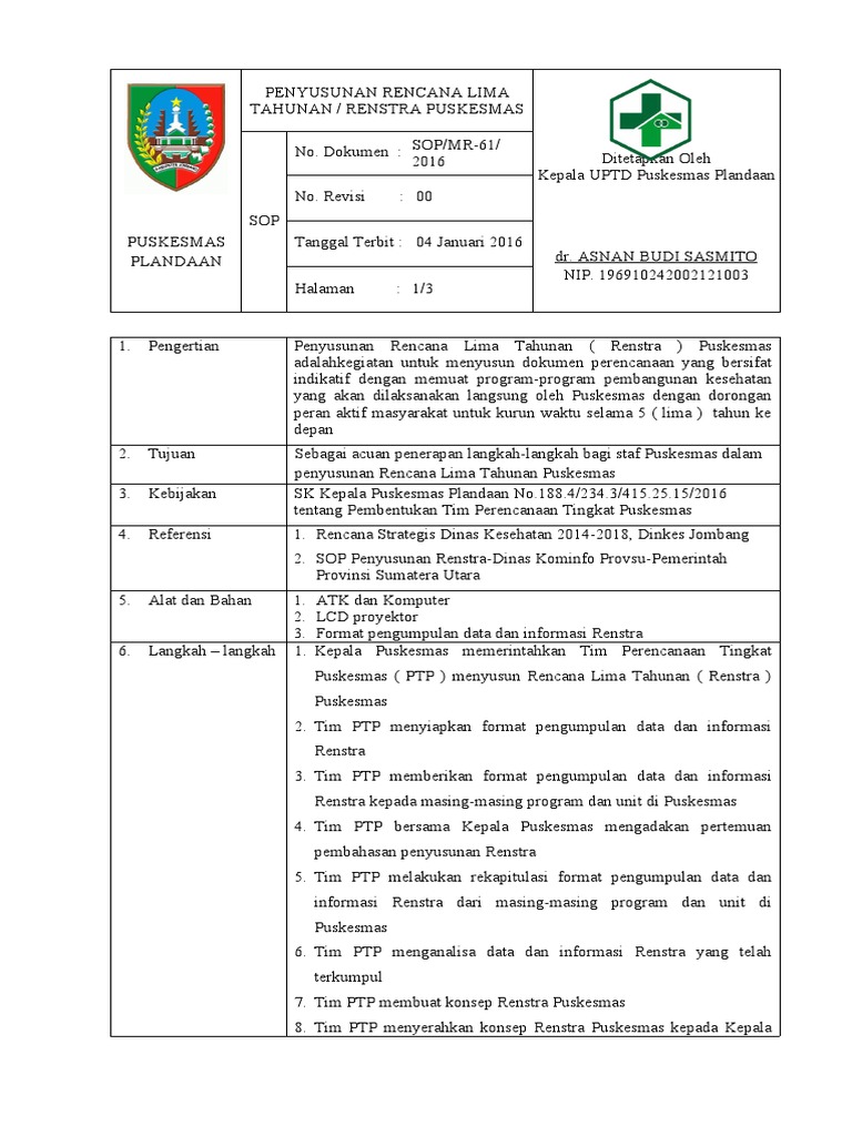 MR-61 Sop Penyusunan Rencana Lima Tahunan Puskesmas | PDF | Sains ...
