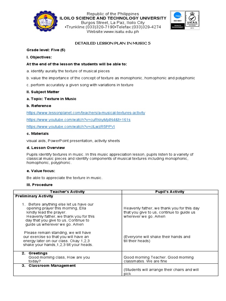 Music Texture Lesson Plan for Grade 5 | PDF | Tempo | Musical Compositions