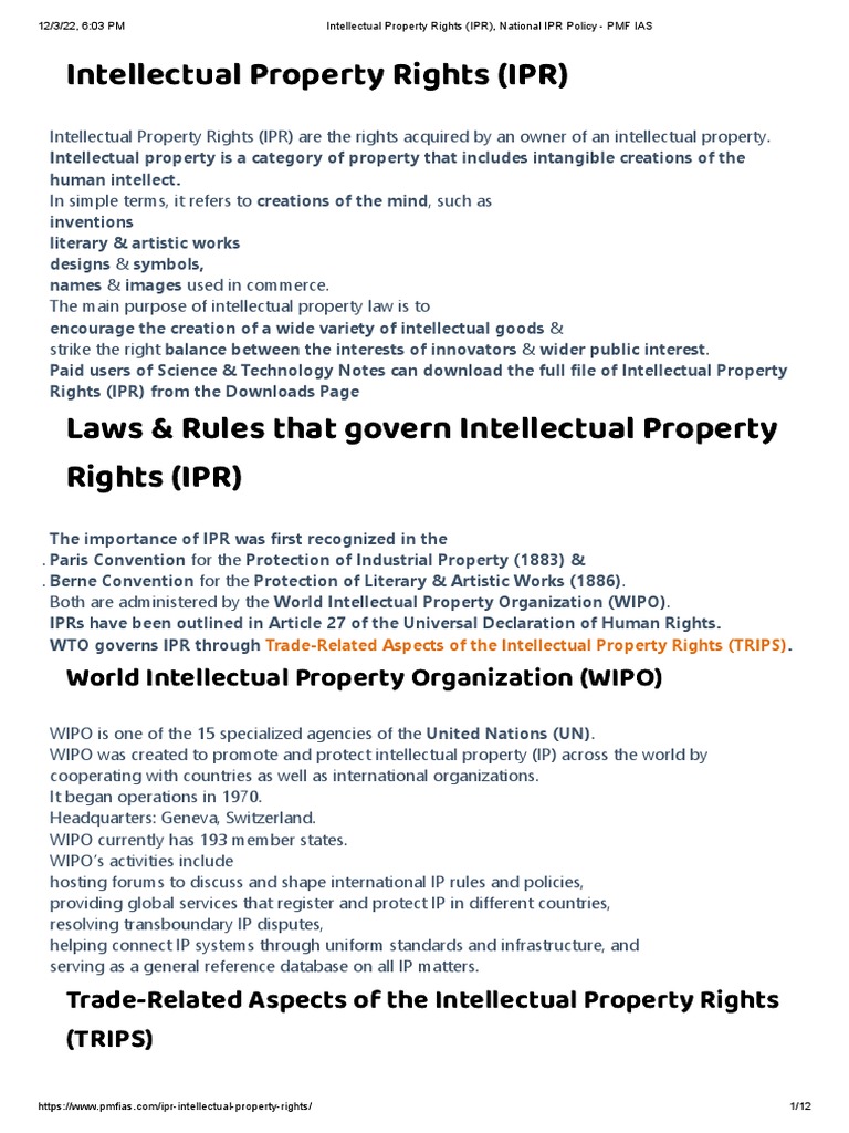 Intellectual Property Rights (IPR), National IPR Policy - PMF IAS | PDF ...