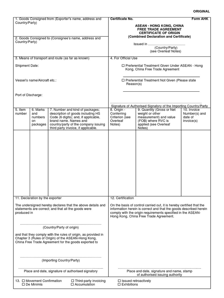 Instructions for Completing a Certificate of Origin Form for Goods Exported Under the ASEAN-Hong ...
