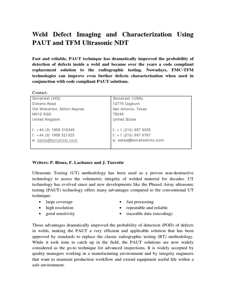 Weld Defect Imaging and Characterisation Using PAUT and TFM Ultrasonic NDT | PDF ...