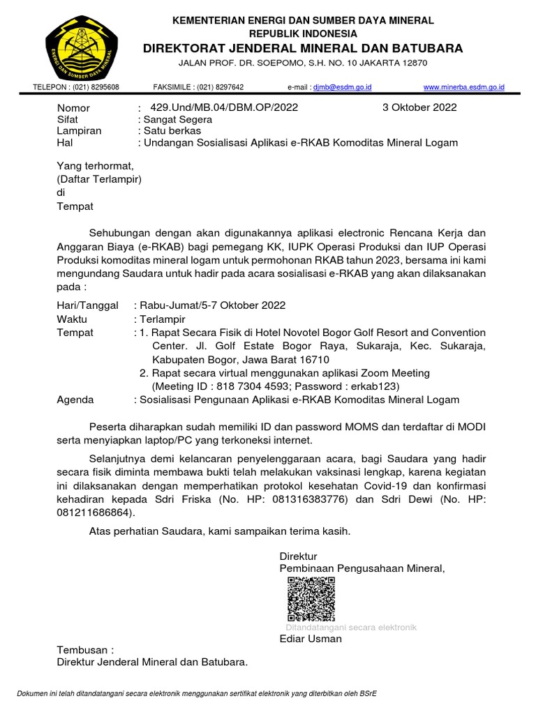 Undangan E-Rkab Mineral | PDF | Bisnis