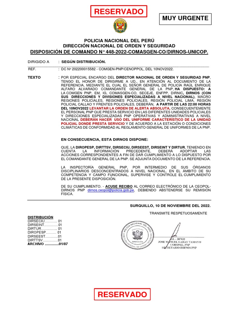 Disposicion de Comando #448 - Levantar La Orden de Alerta Absoluta ... Disposicion de Comando #448 - Levantar La Orden de Alerta Absoluta ...