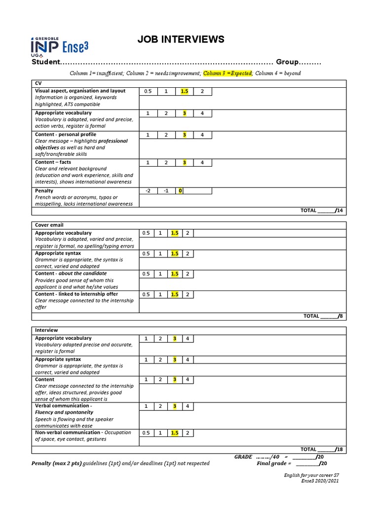 Job Interviews Assessment Grid 2021 A4 | PDF | Vocabulary | Résumé