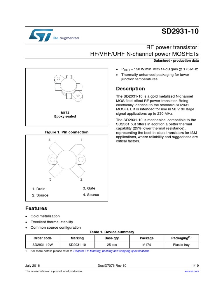 RF Power Transistor: Hf/Vhf/Uhf N-Channel Power Mosfets: Description ...