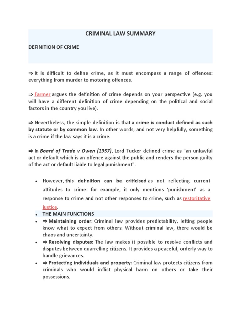 CRIMINAL lAW SUMMARY | PDF | Recklessness (Law) | Manslaughter