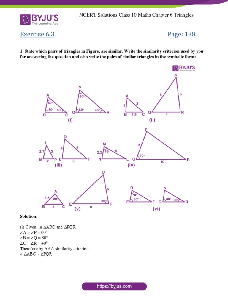 NCERT Solution For Class 10 Maths Chapter 6 Triangles Exercise 6.3 | Download Free PDF ...