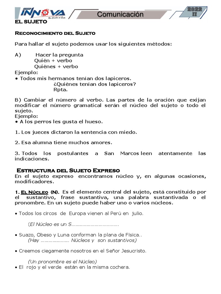 El Sujeto | PDF | Asunto (gramática) | Oración (Lingüística)