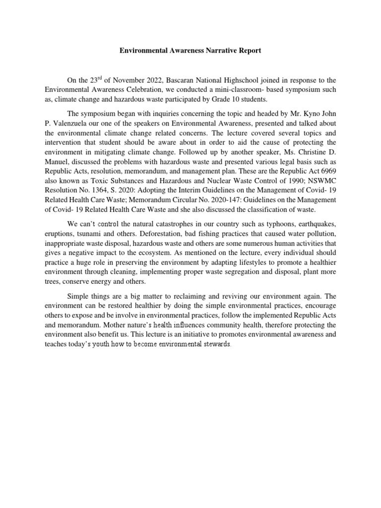 Environmental Awareness Narrative Report PDF | PDF | Environmentalism ...