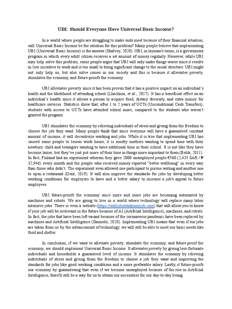 UBI Essay For g10 Students | PDF | Economies