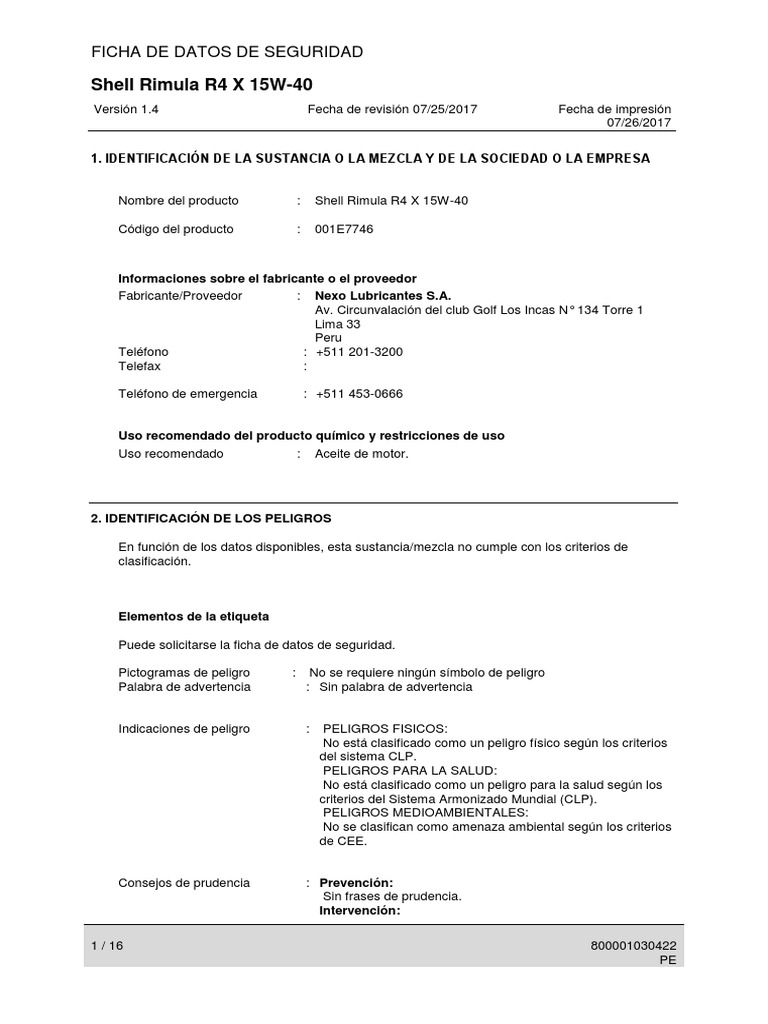 GSAP - Msds - Shell Rimula R4X 15W-40 (CI4) | PDF | Residuos | Agua
