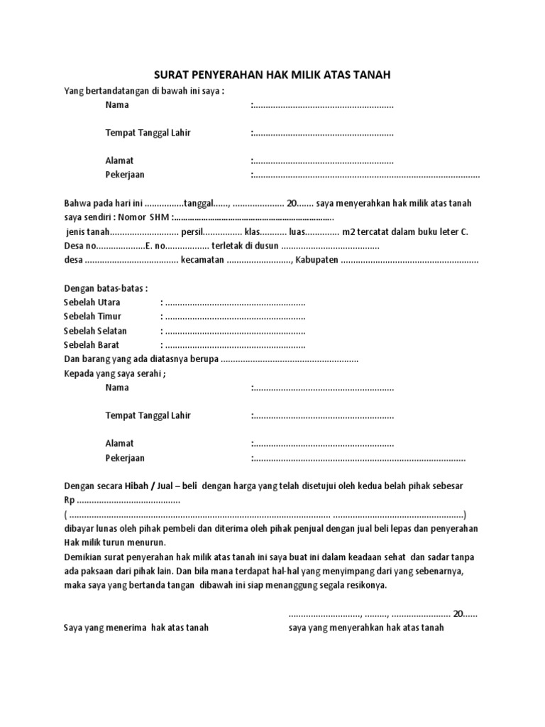 Blangko SURAT PENYERAHAN HAK MILIK ATAS TANAH | PDF