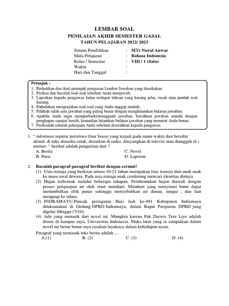 Soal Pas B.indo KLS Viii-1 | PDF | Perjalanan | Kajian Bahasa Asing