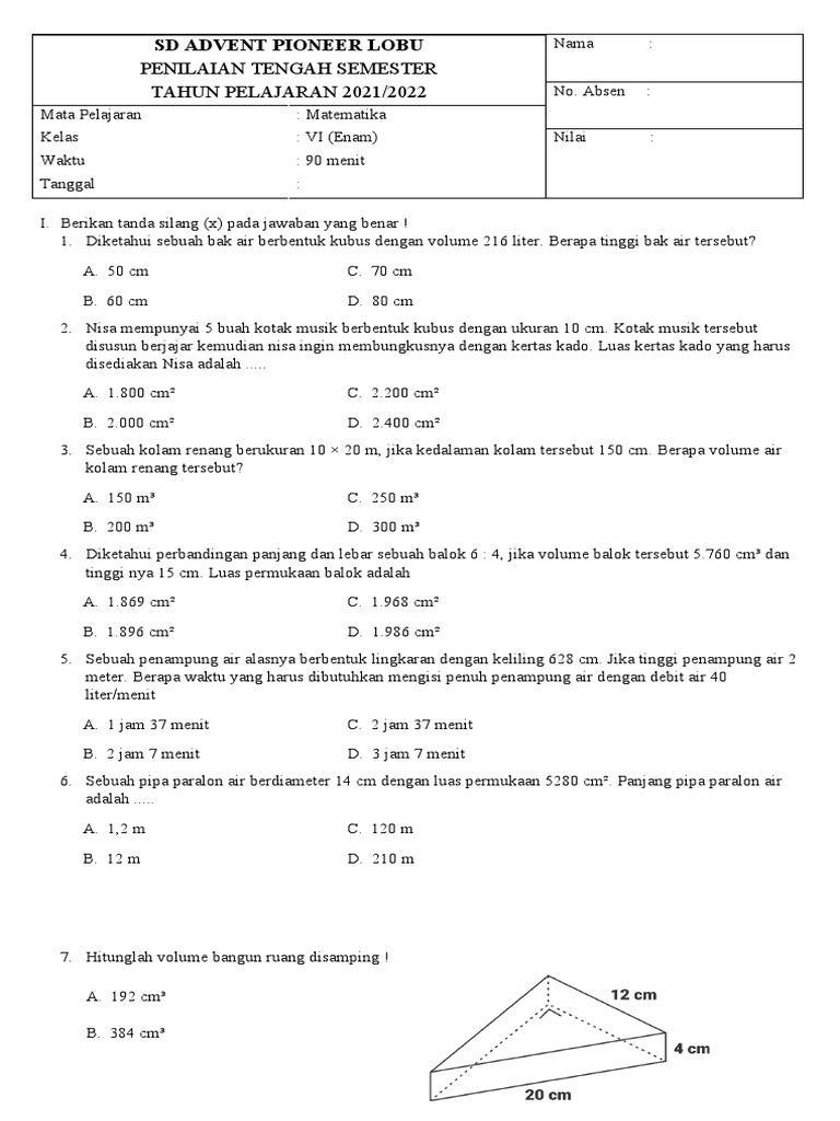 Soal PTS MTK Kelas 6 Semester 2 | PDF