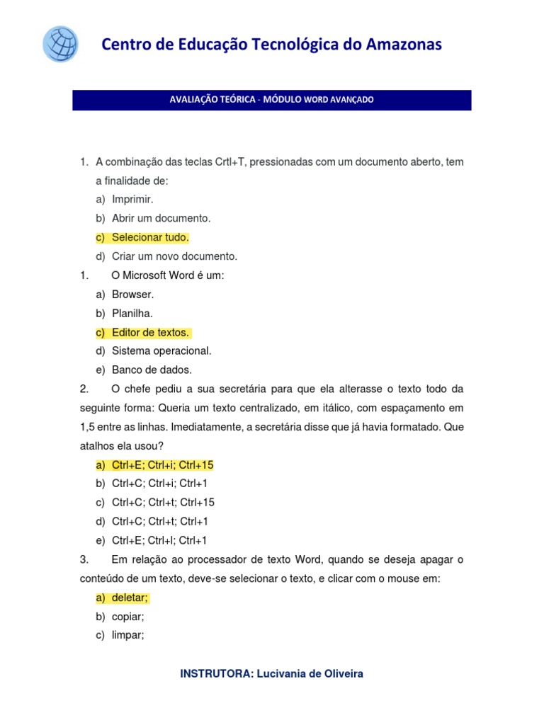 Avaliação Word Avançado: Questões e Atalhos | PDF | Arquivo de texto ...