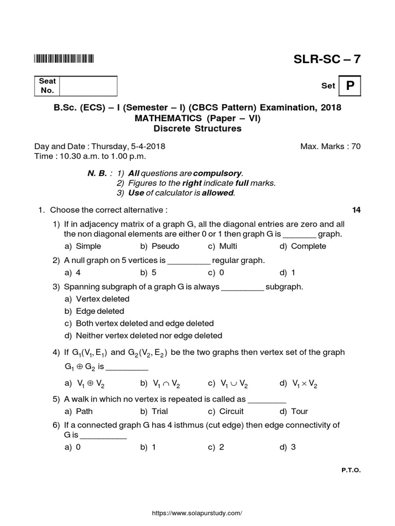 BSC 1 Sem Ecs Mathematis Discrete Structures SLR SC 7 2018 | PDF ...
