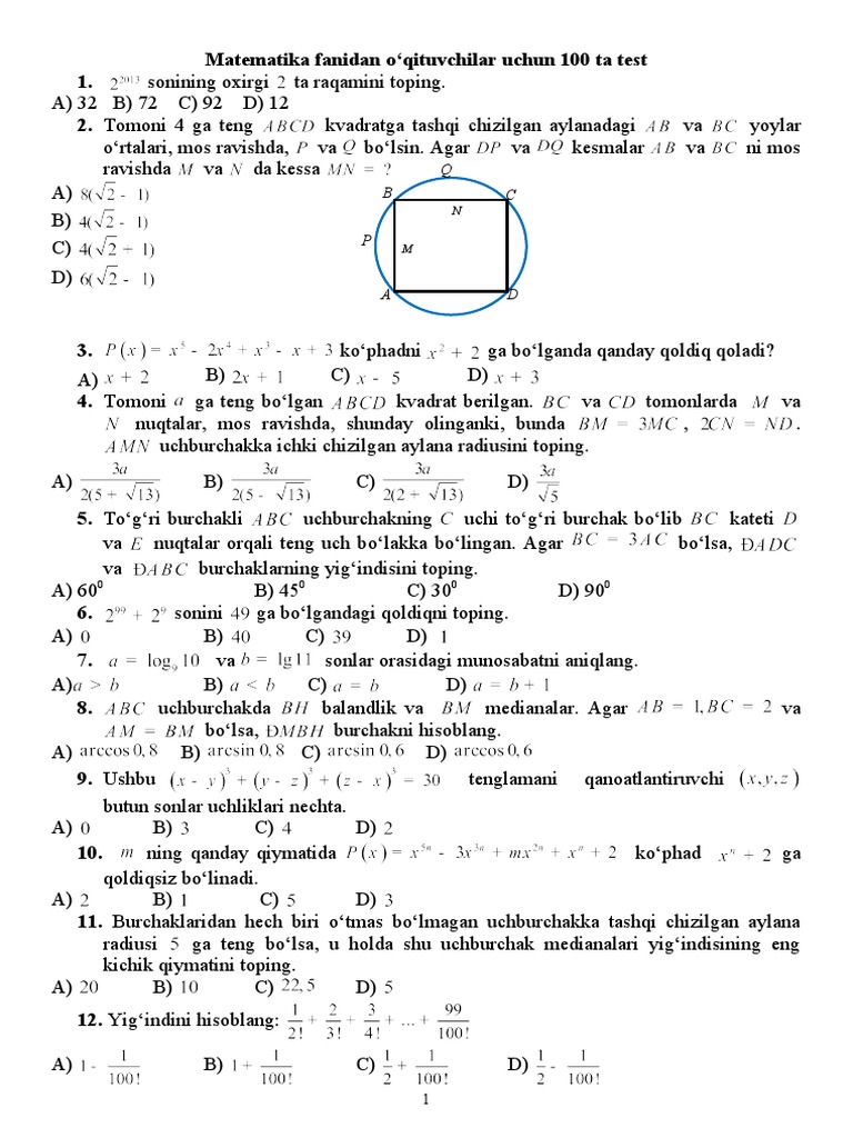 100 Test (Matematika) Akademik Litsey | PDF