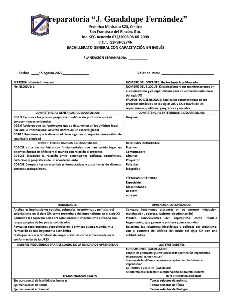 Formato De Planeación Preparatoria J G F Histori Univ Pdf