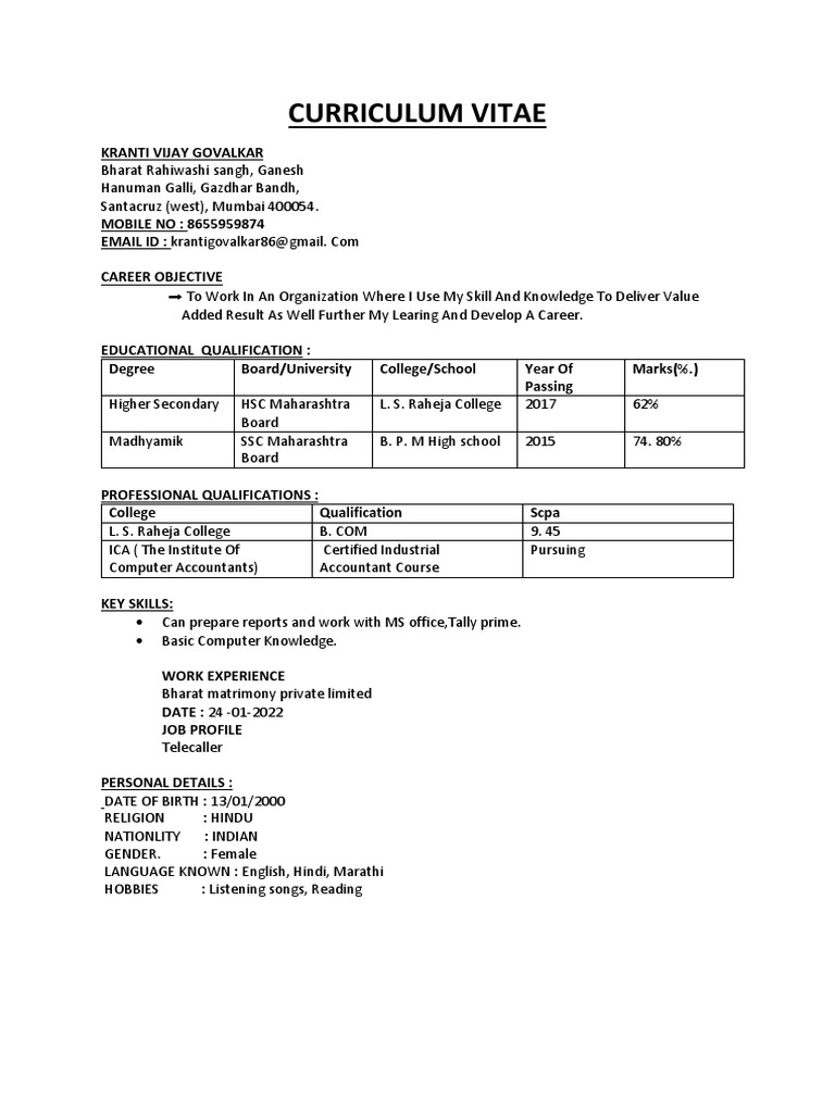 Kranti Govalkar CV - Telecaller Profile | PDF