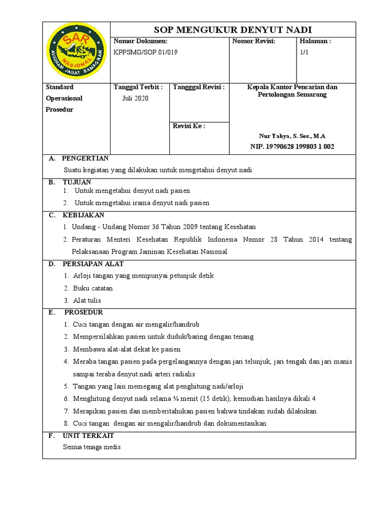 SOP Pengukuran Denyut Nadi Pasien | PDF | Sains & Matematika