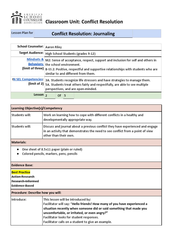 Lesson 2 Conflict Resolution Journaling-2 | PDF | Conflict Resolution ...