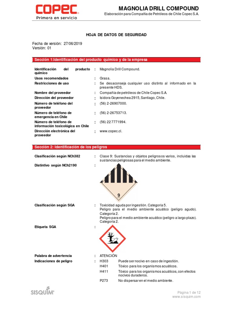 Hoja de Seguridad - Grasa Magnolia | PDF | Agua | Combustión