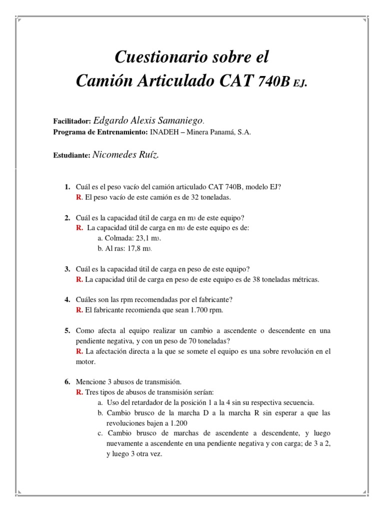 Cuestionario Sobre El CAT 740B EJ | PDF | Neumático | Camión