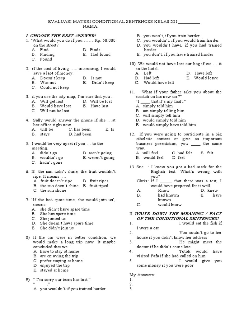 Evaluasi Materi Conditional Sentences Kelas 12 | PDF