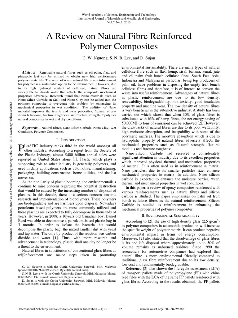 A Review On Natural Fibre Reinforced Polymer Composites: C. W. Nguong ...