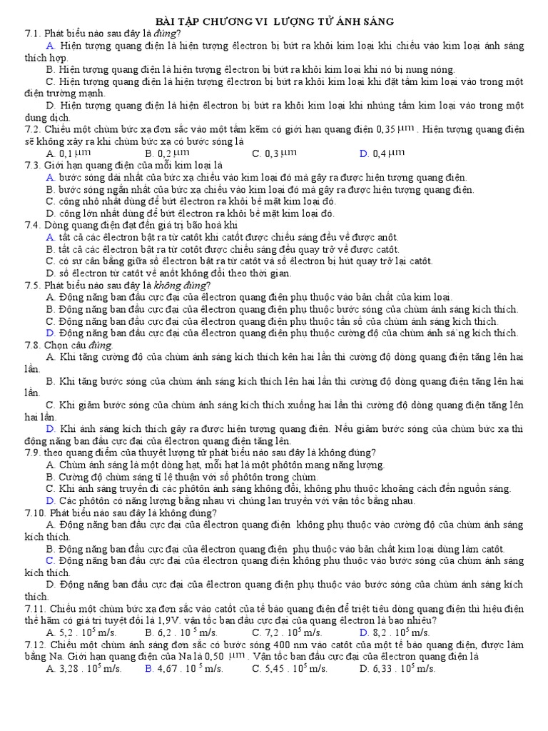 Bai Tap Chuong VI Luong Tu Anh Sang (NHAN) | PDF