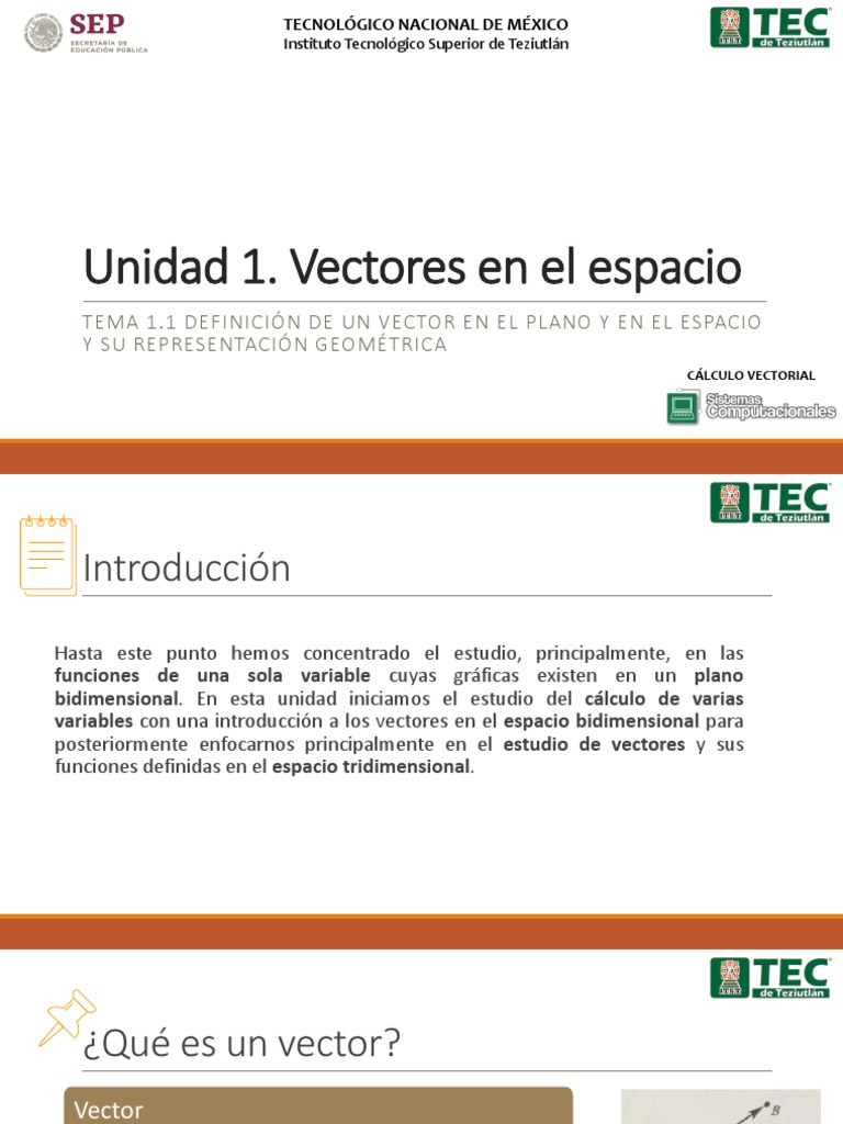 Tema 1.1 Definición de Vector en El Plano y Espacio | PDF | Vector Euclidiano | Escalar ...