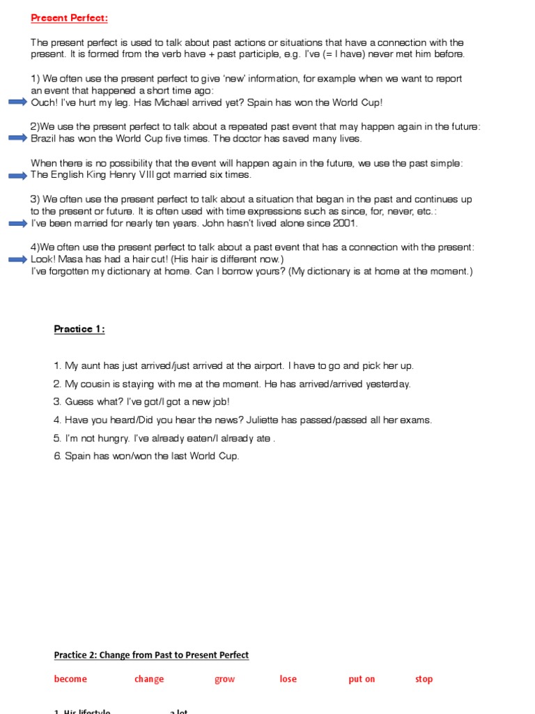 Understanding the Present Perfect Tense: Uses and Practice Exercises | PDF