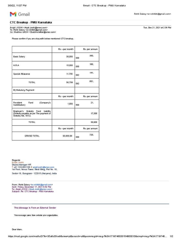 CTC Breakup Details for PMU Karnataka | PDF