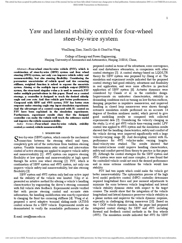 Yaw and Lateral Stability Control For Four-Wheel Steer-by-Wire System ...