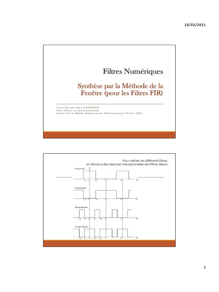 Synthèse Des Filtres Numériques Méthode de La Fenetre 1 2020 2021 | PDF