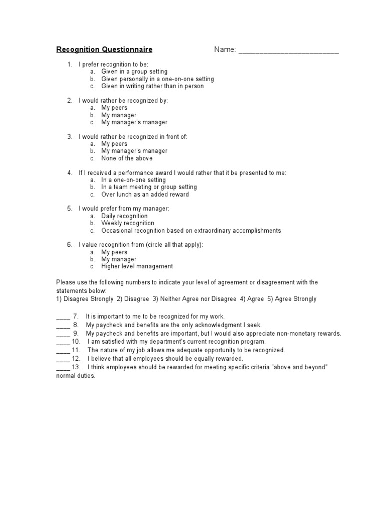 08 Employee Recognition Questionnaire | PDF | Employment ...