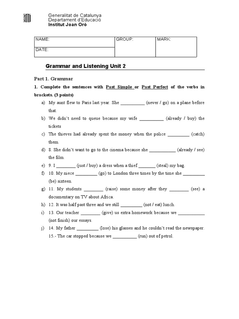 Exam 2 - Grammar and Listening | PDF