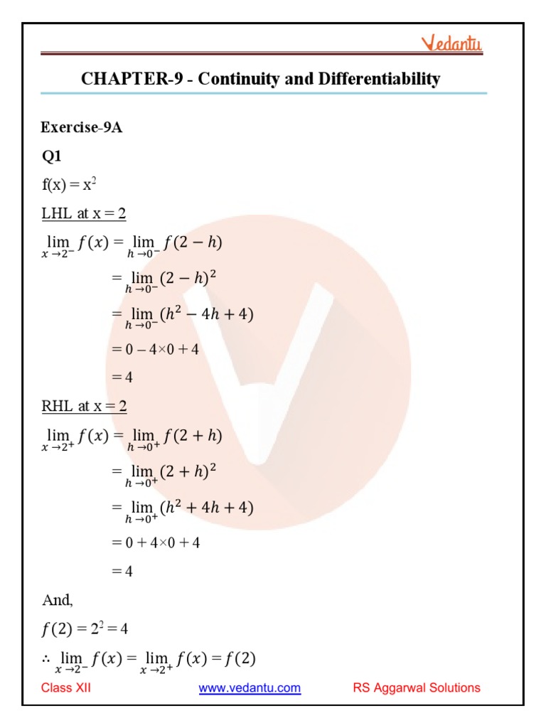 RS Aggarwal Solutions For Class 12 Maths Chapter 9 Continuity and Differentiability PDF 2022-23 ...