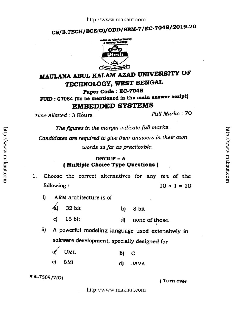 Btech Ec 7 Sem Embedded Systems Ec 704b 2020 | PDF