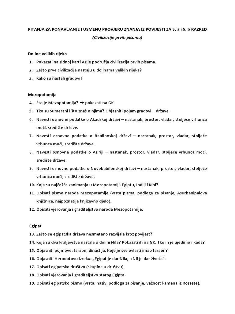 Civilizacije Prvih Pisama (PITANJA) | PDF