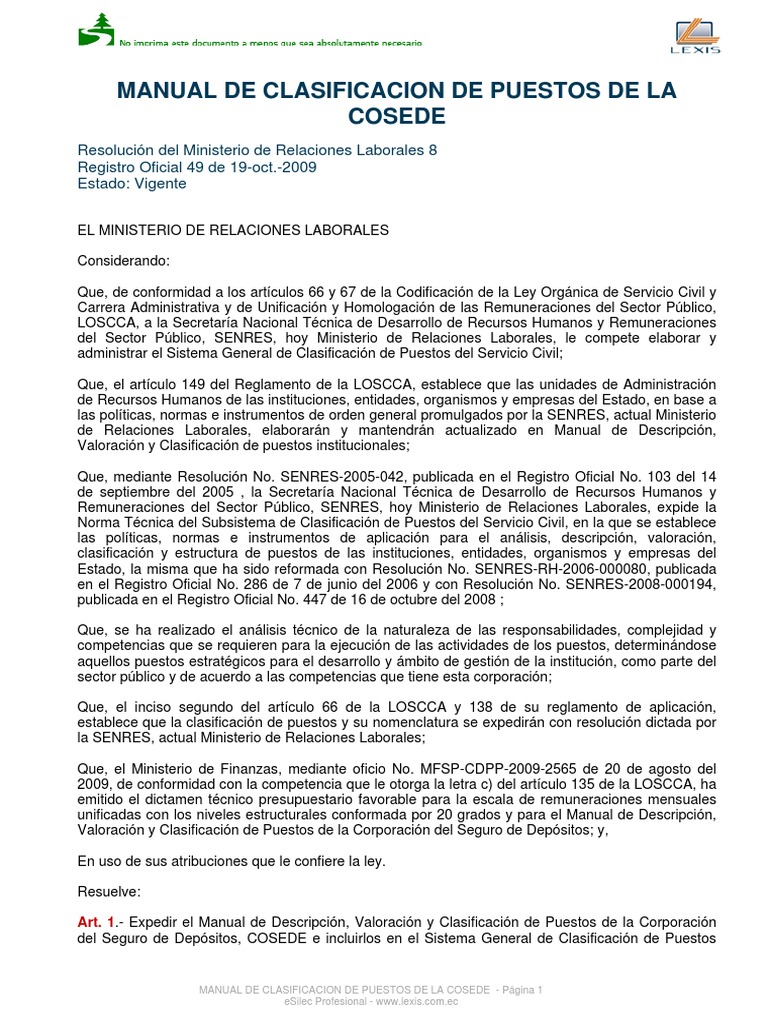 Manual de Clasificacion de Puestos de La Cosede | PDF | Taxonomía (biología) | Gestión de ...