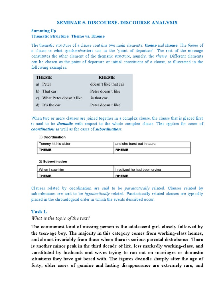 TPL - SEMINAR 5. Discourse, DA - 2020-2021 - Student | PDF | Linguistics | Syntax