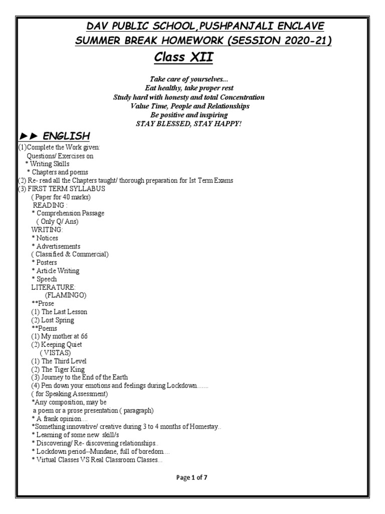 Class XII: Dav Public School, Pushpanjali Enclave Summer Break Homework (Session 2020-21) | PDF ...