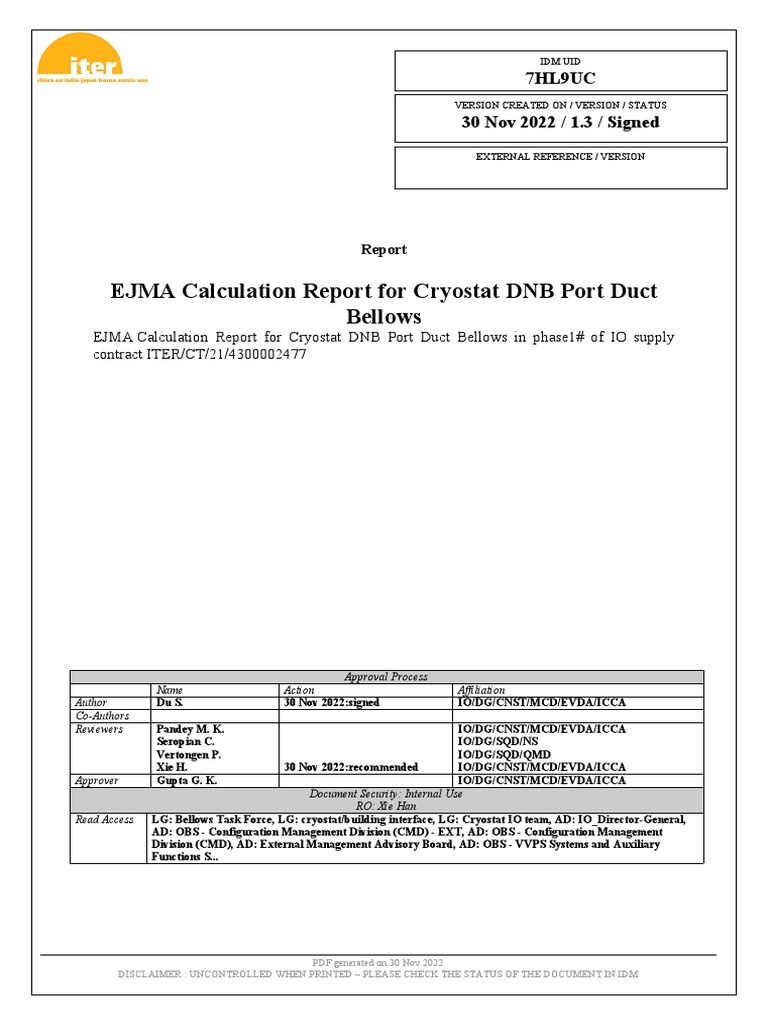 EJMA Calculation Report For Cryostat DNB 7HL9UC v1 3 | PDF | Strength Of Materials | Mechanics